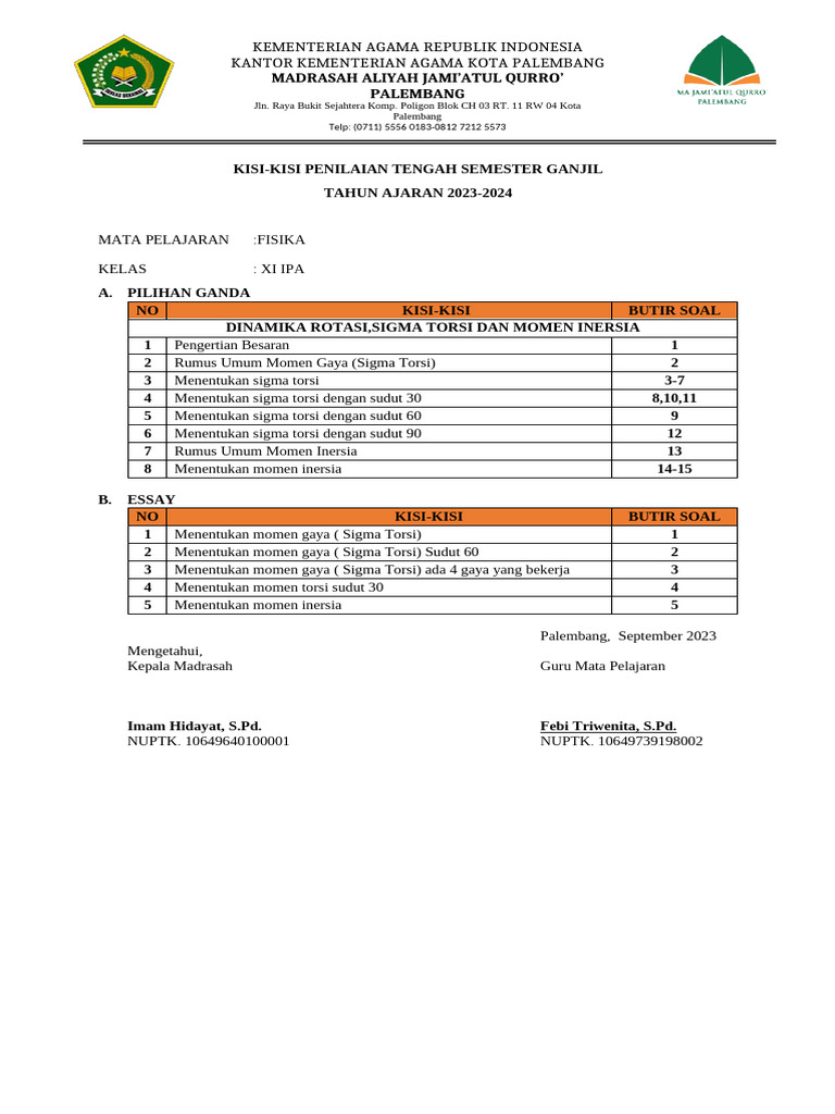 Kisi-Kisi PTS Fisika Ganjil Kelas Xi | PDF