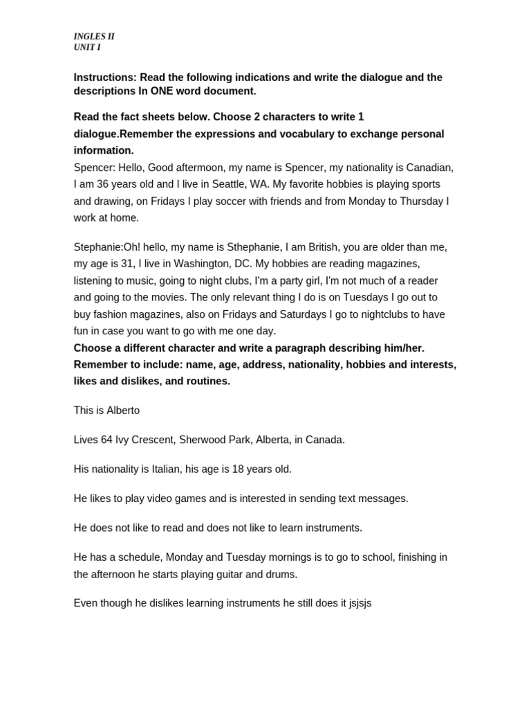 Final activity Personal information | PDF | Meal