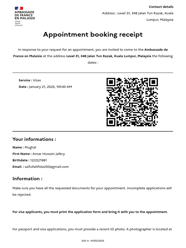Receipt Ambassade de France en Malaisie Ansar Hussain Jafery Mughal | PDF