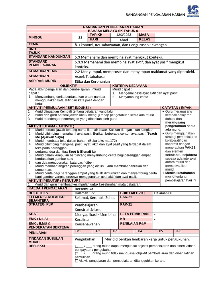 RPH Minggu 33 BM SK THN 6 2023 by Cikgu Gorgeous | PDF