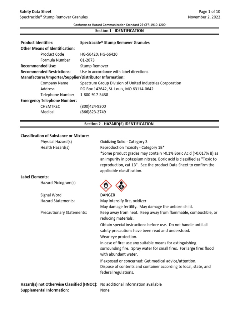 Spectracide Stump Remover Granules SDSNov 22 | PDF | Fires | Dangerous ...