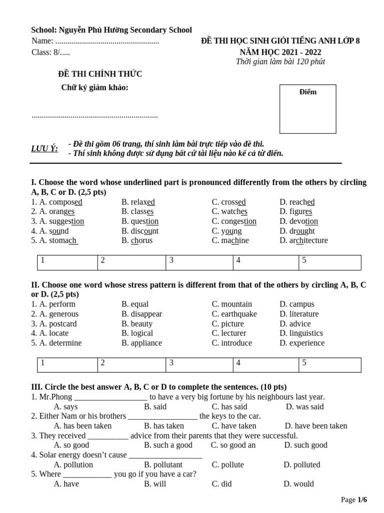 ĐỀ THI HSG ANH 8 2021-2022 | PDF | Asia