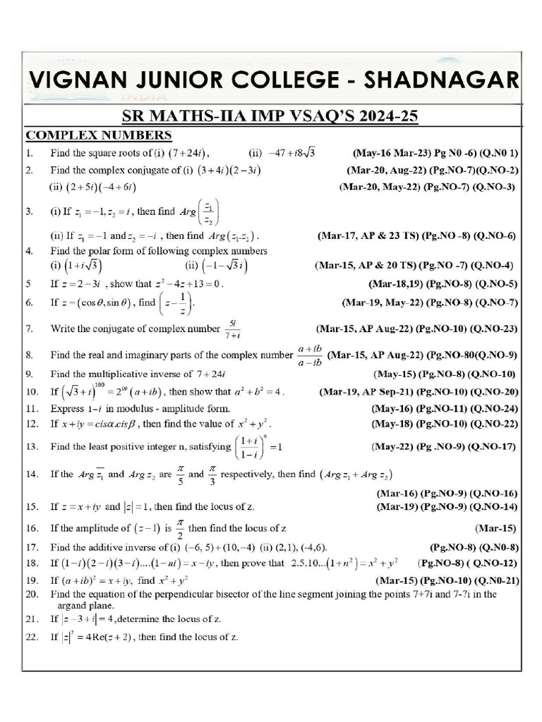 SR Maths-Iia Imp Vsaq's 2024 | PDF