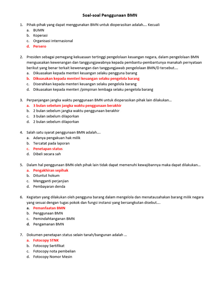 Soal Dan Jawaban Quisis Penggunaan BMN | PDF