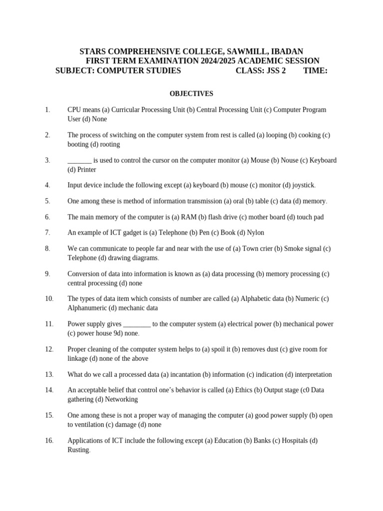 Computer Studies Exam Questions 2024/2025 | PDF | Computer Data Storage ...