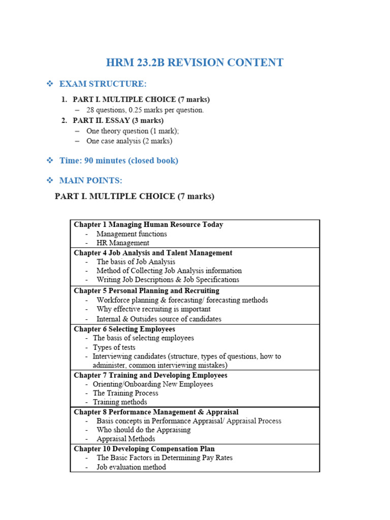 HRM Exam Structure and Key Topics | PDF | Performance Appraisal | Human ...