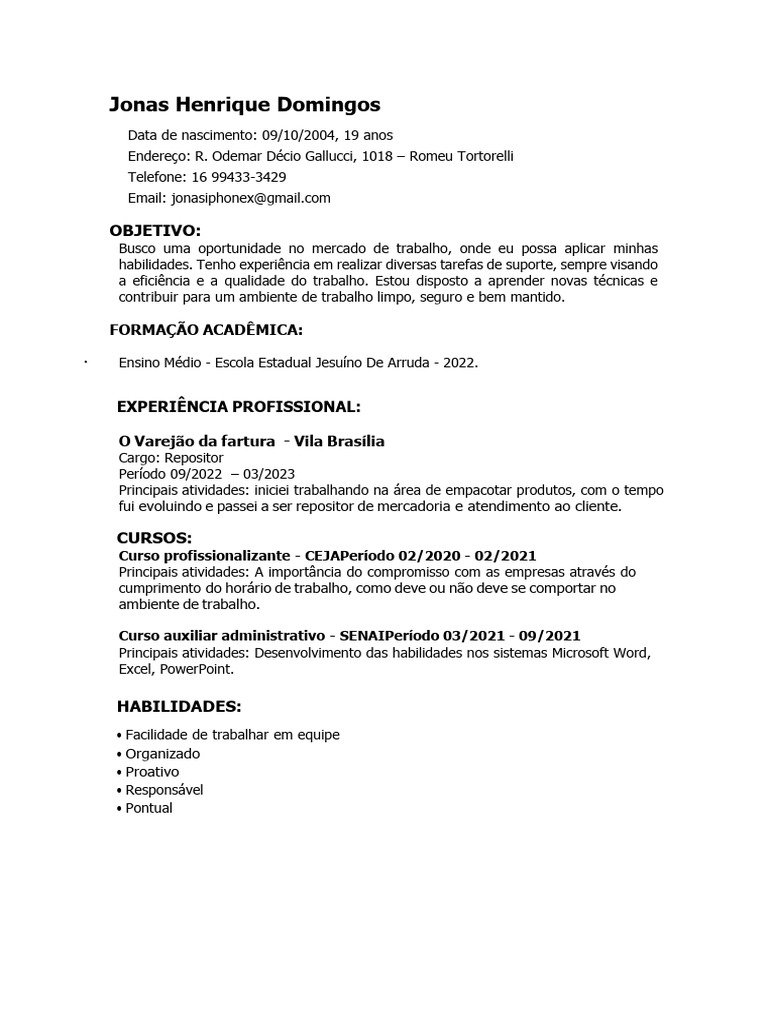 Curriculo Jonas Henrique Domingos.2024 | PDF