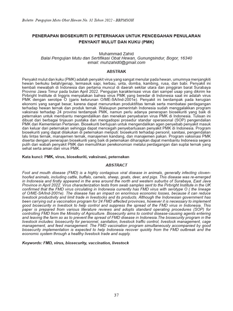 Penerapan Biosekuriti Di Peternakan Untuk Pencegahan Penularan Penyakit Mukut Dan Kuku | PDF