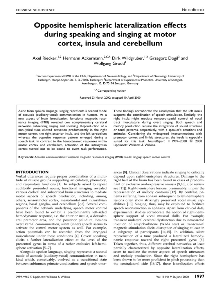 Opposite Hemispheric Lateralization Effe | PDF | Insular Cortex ...