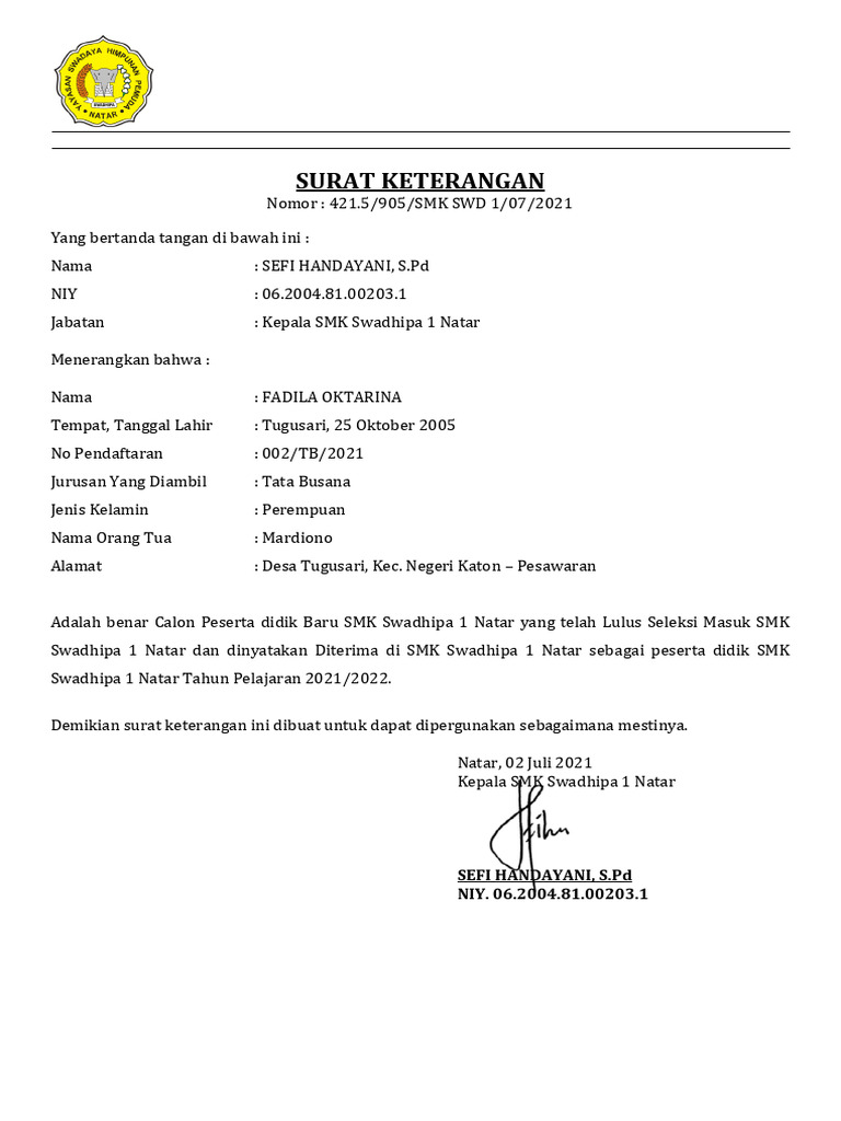 Surat Keterangan Calon Peserta Didik Baru Diterima | PDF