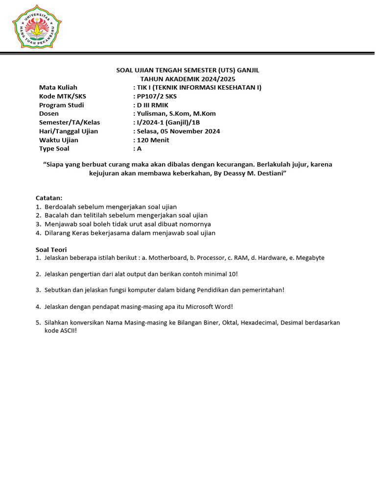 SOAL UTS MK TIK I 2024-1 TYPE A 1B | PDF