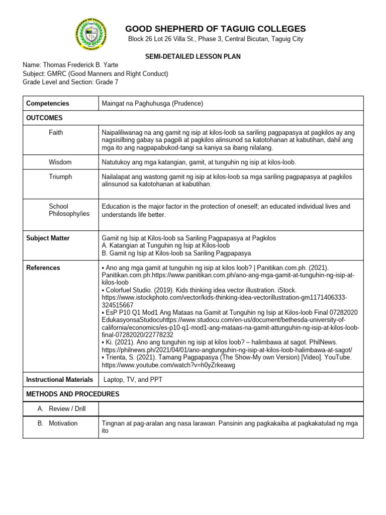 Thomas Frederick Yarte - Semi-Detailed Lesson Plan (Format) | PDF