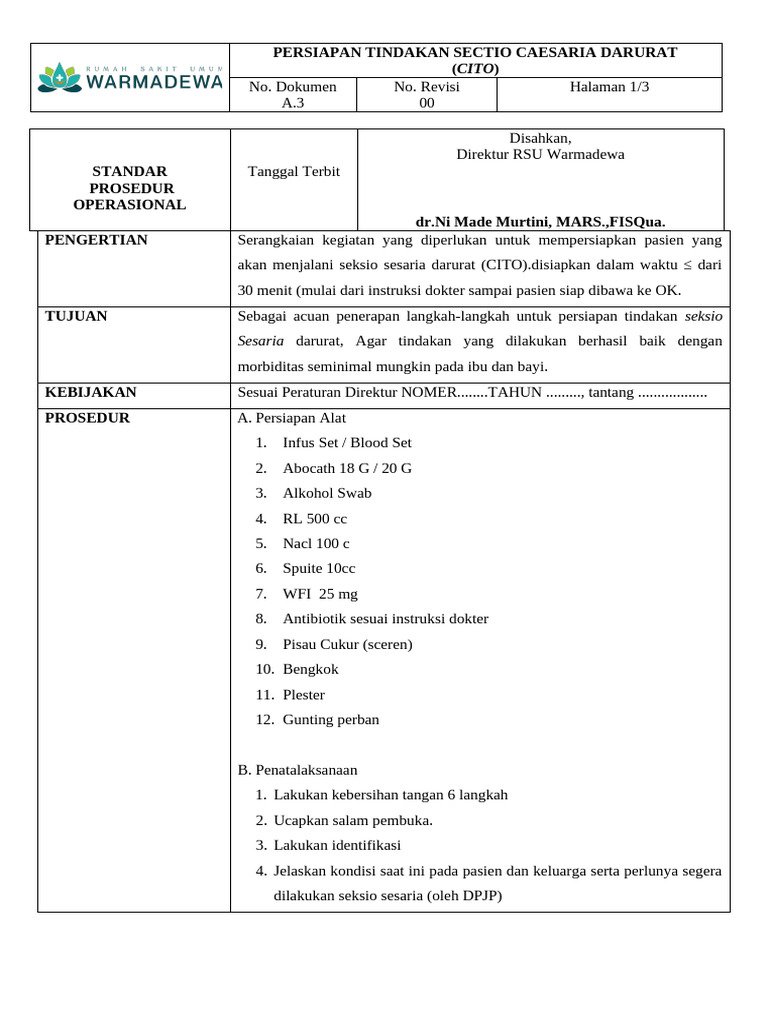 Prosedur Sectio Caesaria Darurat | PDF
