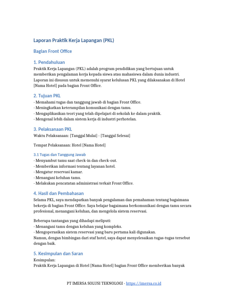 Contoh Laporan PKL Di Hotel Bagian Front Office | PDF