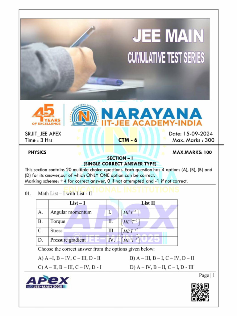 15-09-2024 - SR IIT - JEE APEX - Jee Main MODEL - CTM-6-QP FINAL | PDF