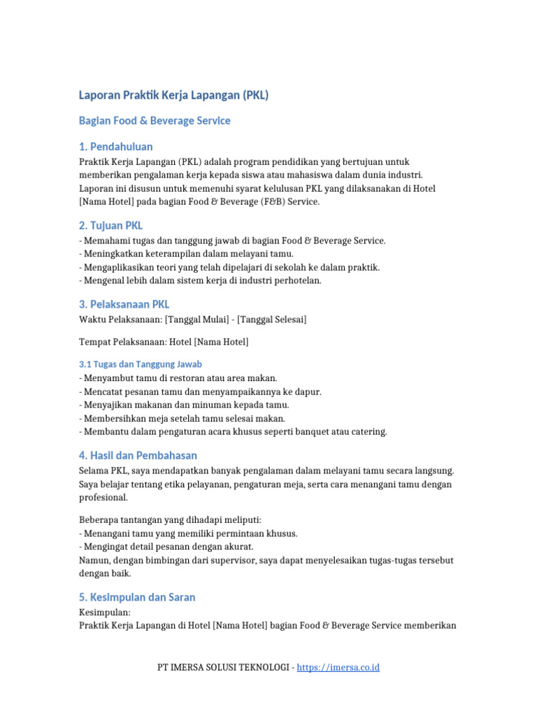 Contoh Laporan PKL Di Hotel Bagian FB Service | PDF