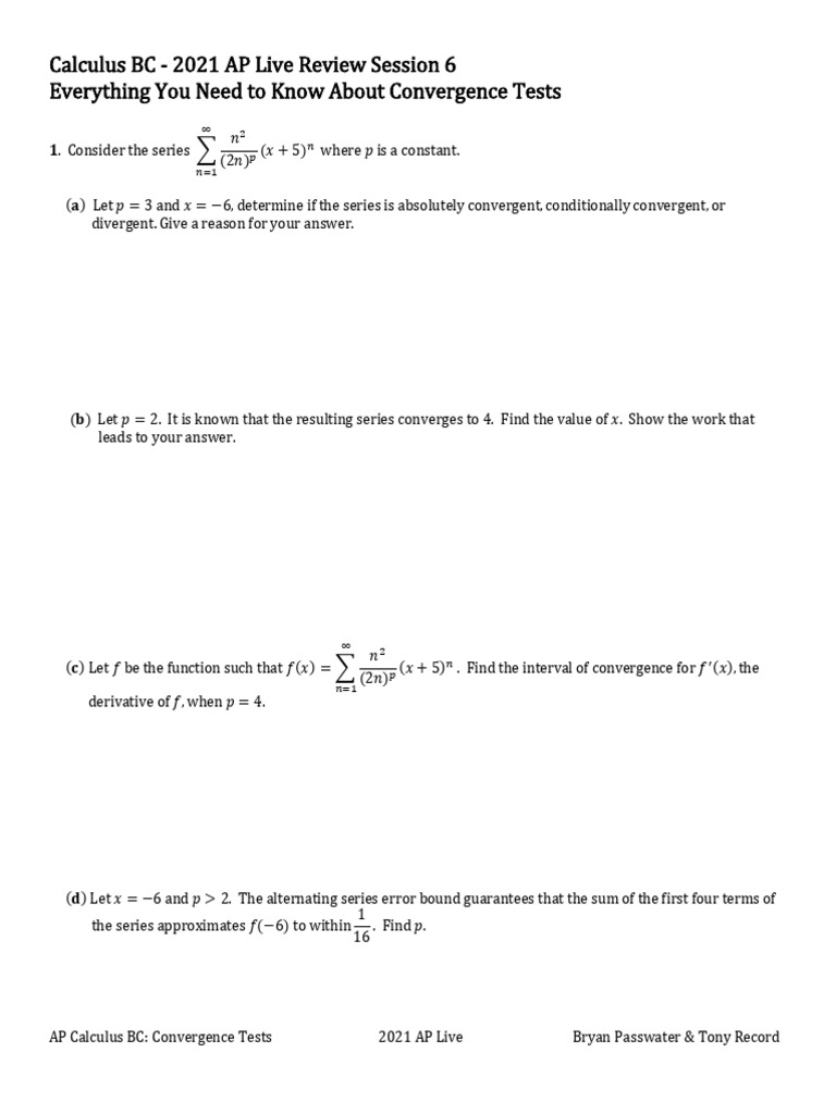 Calculus BC - Live Review Session 6 - Convergence Tests | PDF | Complex ...