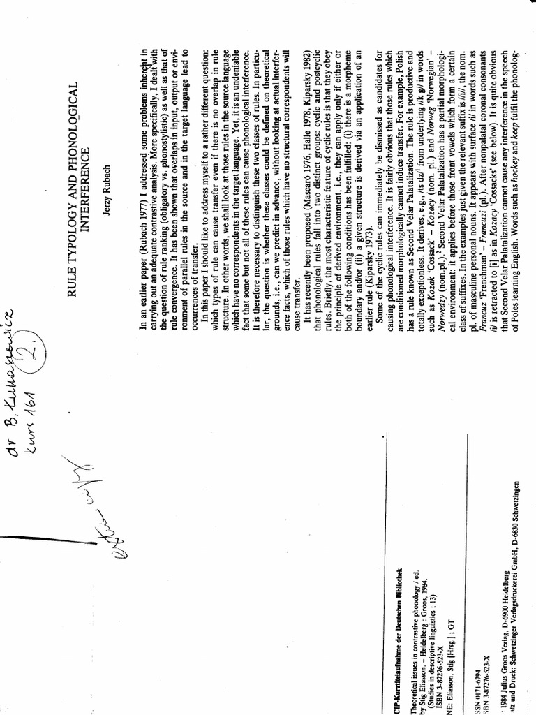 Rubach, Jerzy. 1984. Rule Typology and Phonological Interference | PDF