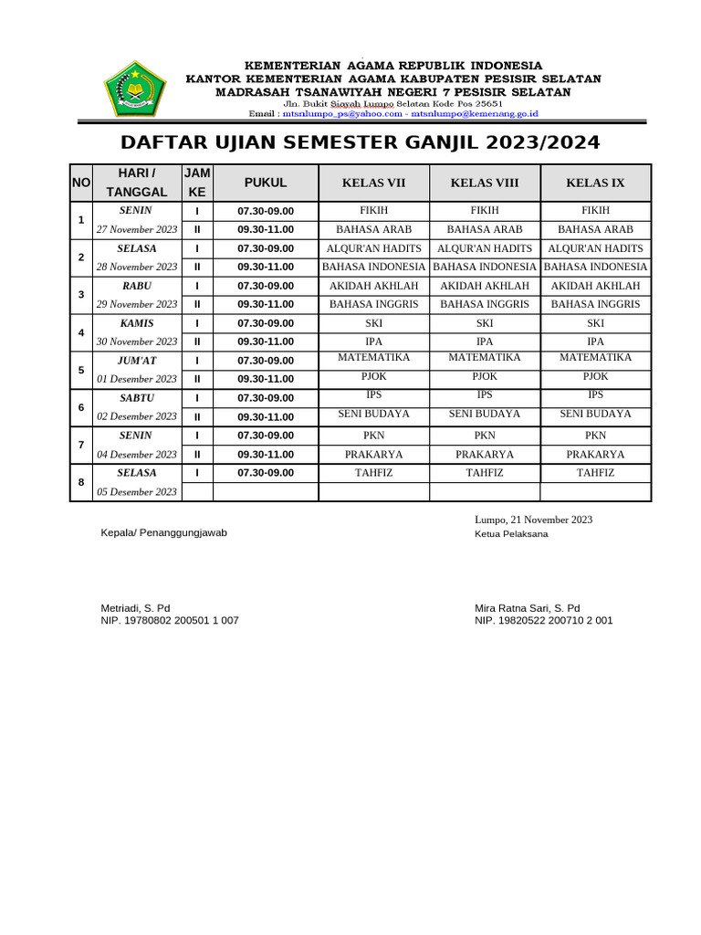 DAFTAR UJIAN SEMESTER GANJIL TP. 2023_2024 | PDF