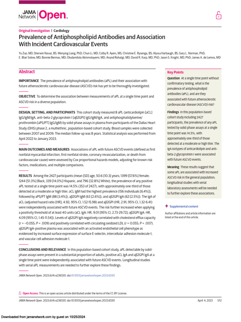 aPLs-atherosclerotic Cardiovascular Diseases | PDF | Thrombosis ...