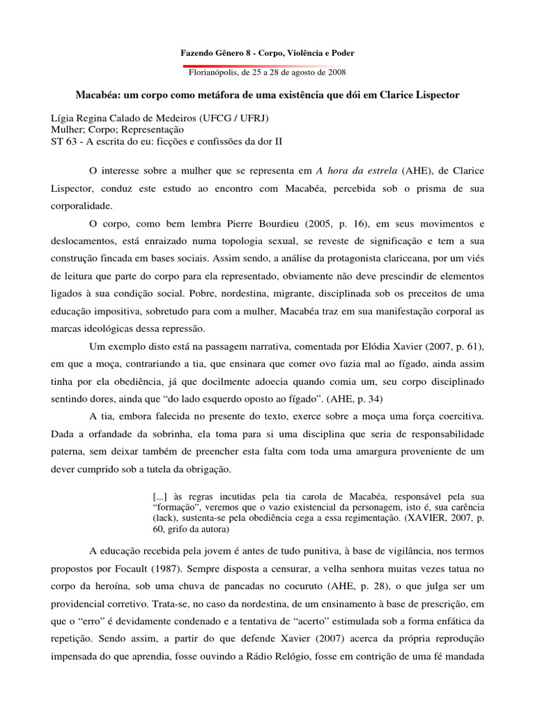 Macabéa: Corpo e Existência em Lispector | PDF