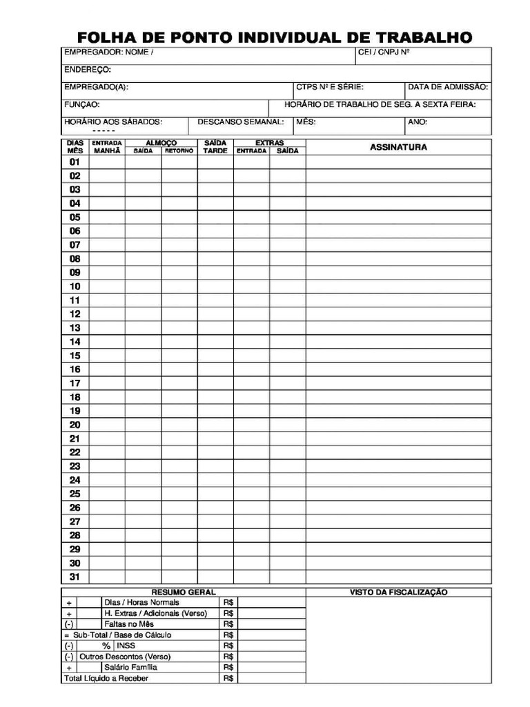 Folha de ponto individual de trabalho | PDF