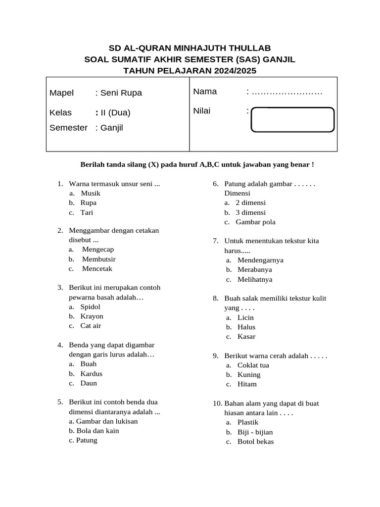 Soal Kelas 2 (Sas Ganjil) | PDF