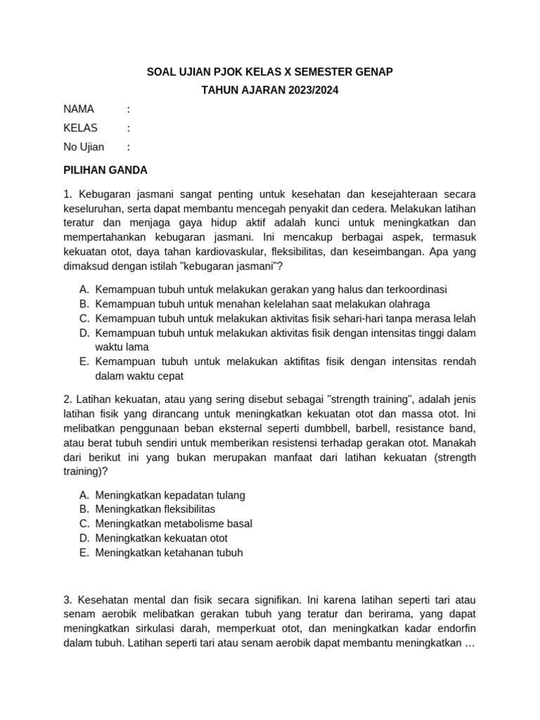 Soal Pjok X 2024 SG | PDF
