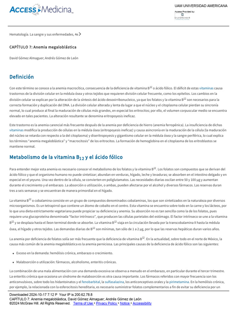 CAPÍTULO 7 - Anemia Megaloblástica | PDF | Vitamina B12 | Especialidades Medicas