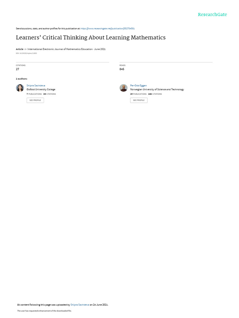 2021 - Learners Critical Thinking About Learning Mathematics | PDF ...