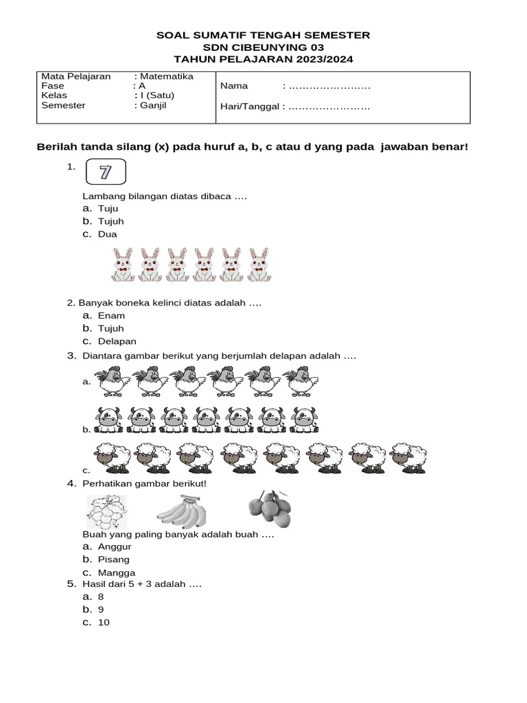 Soal STS MTK Kelas 1 | PDF