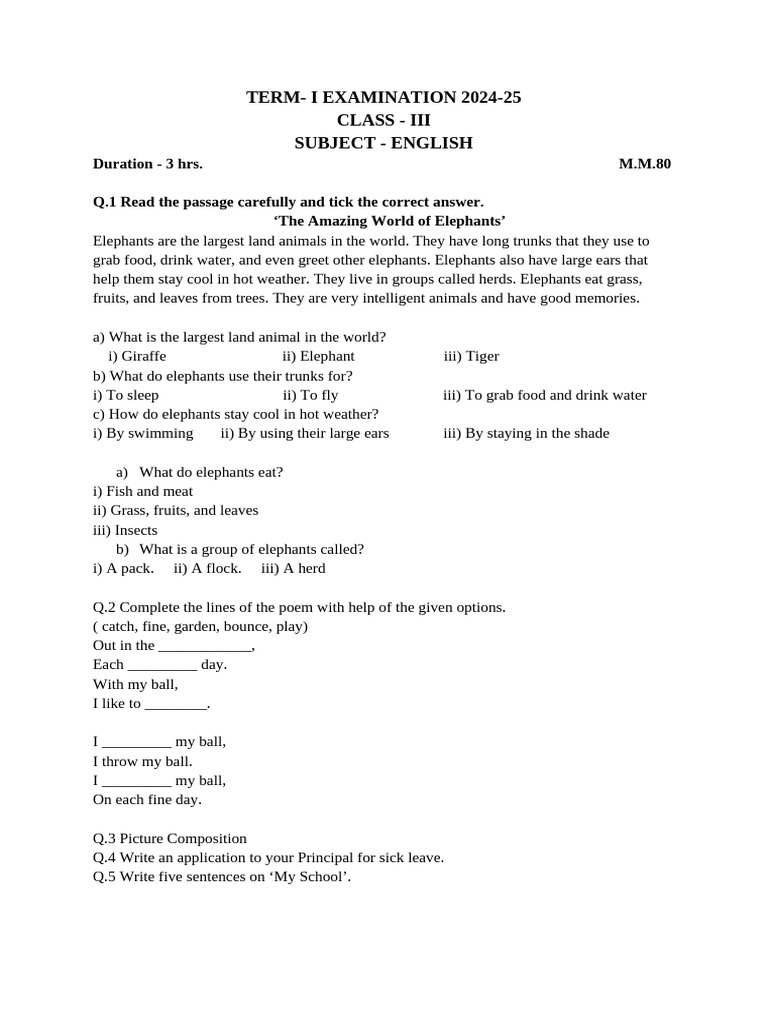 Term-I 24-25 English Class - 3rd | PDF | Elephant | Linguistic Morphology