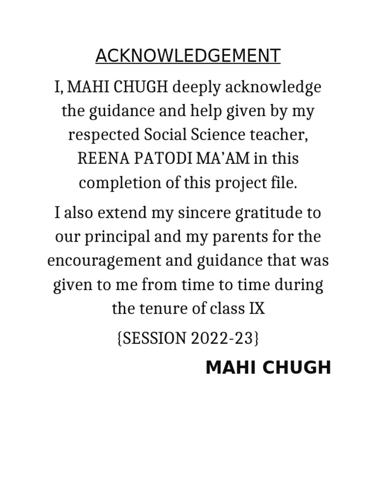 Acknowledgement Social Science Project | PDF