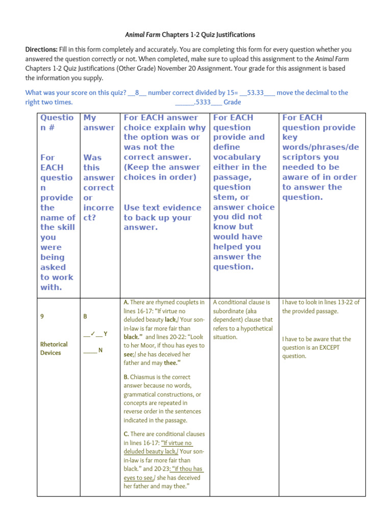 Animal Farm Chs. 1&2 Quiz Justifications | PDF | Question | Grammar