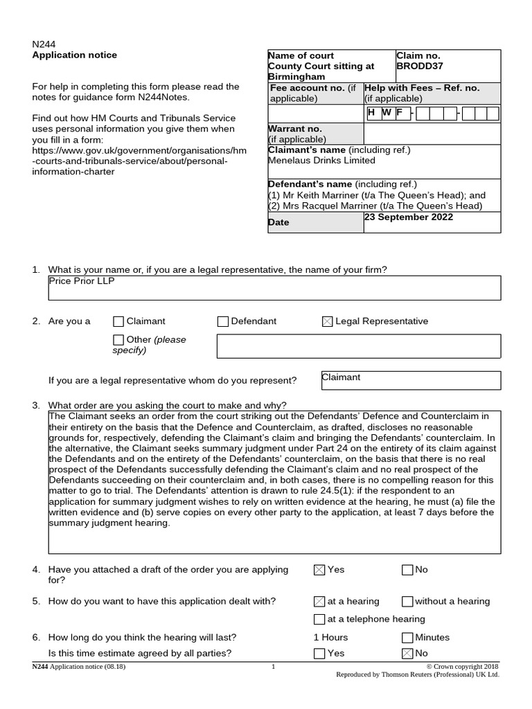 Application Notice, witness statement and draft order (1) | PDF ...