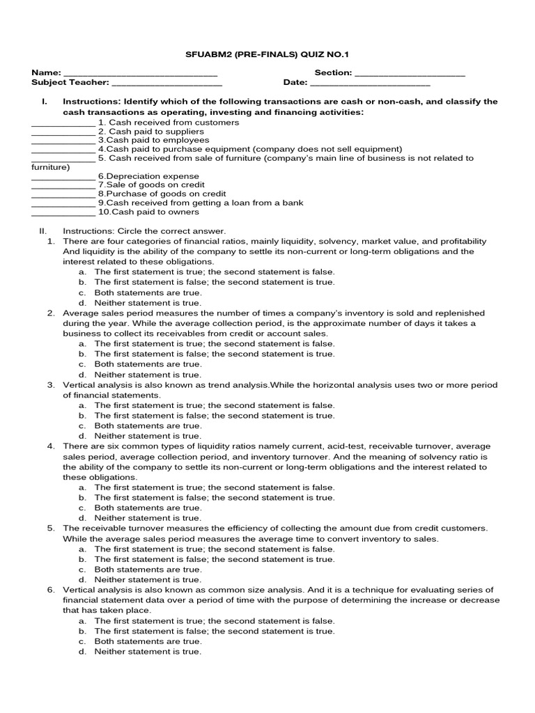 Sfuabm2 (Pre-Finals) Quiz No 1 | PDF | Expense | Financial Ratio