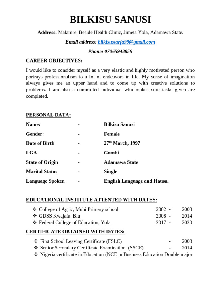 BILKISU SANUSI CV | PDF