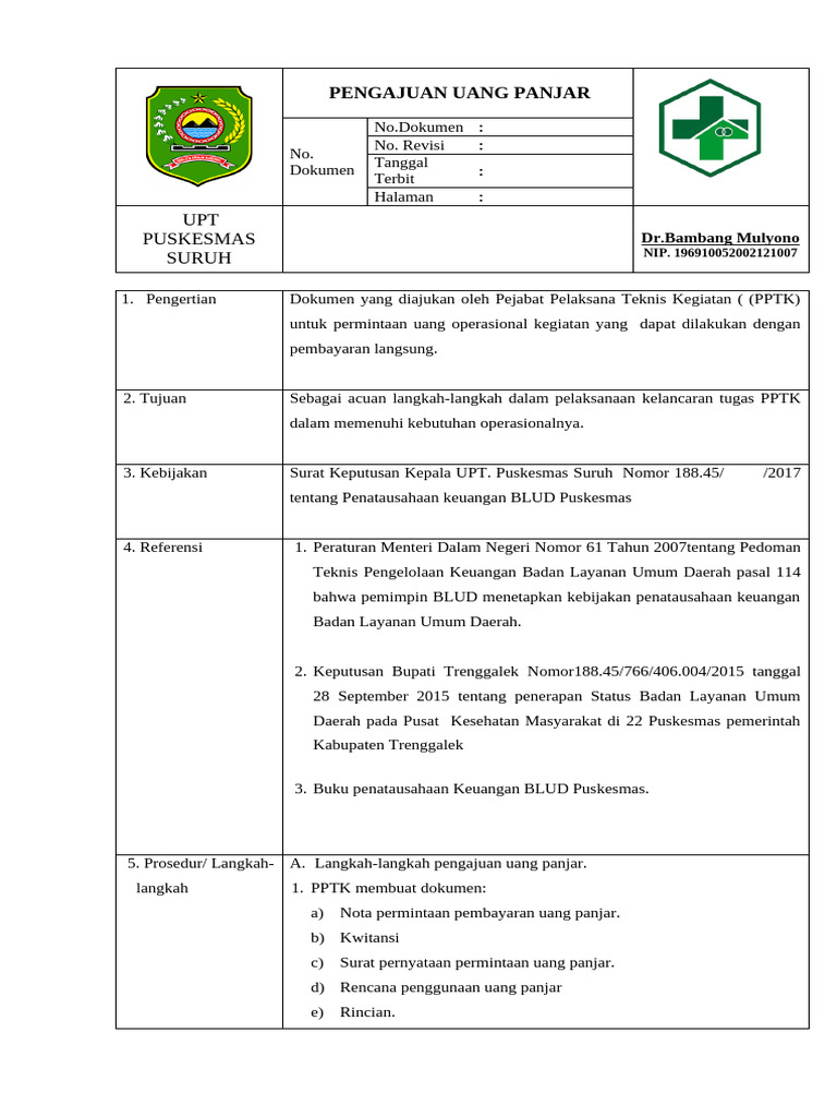 Prosedur Pengajuan Uang Panjar Puskesmas | PDF