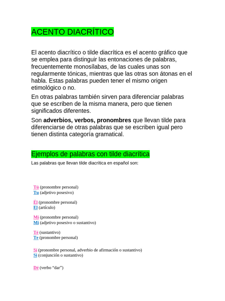 Acento Diacrítico | PDF | Palabra | Adjetivo