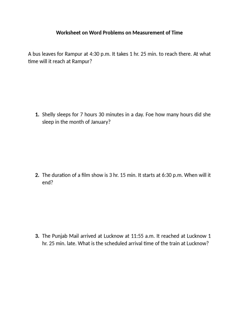 Time Measurement Word Problems Worksheet | PDF
