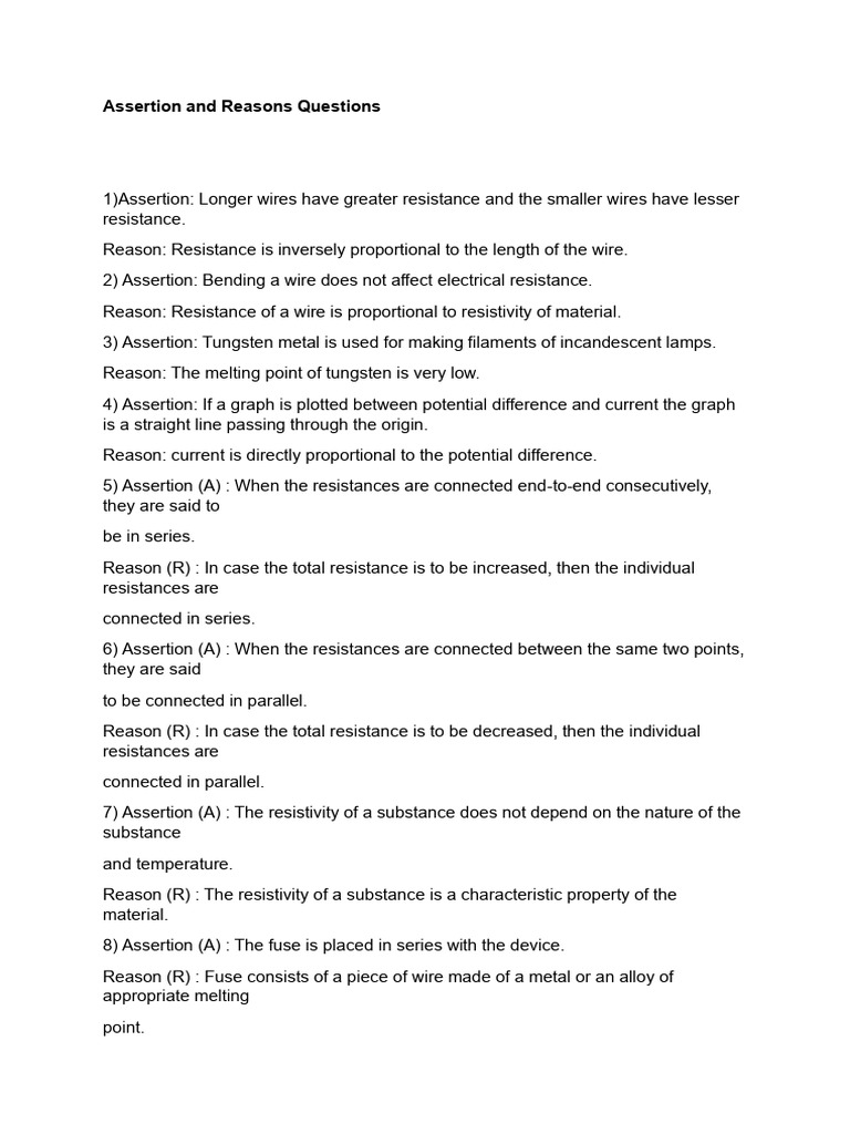 Assertion and Reasons Queation Physics | PDF | Electrical Resistance And Conductance ...