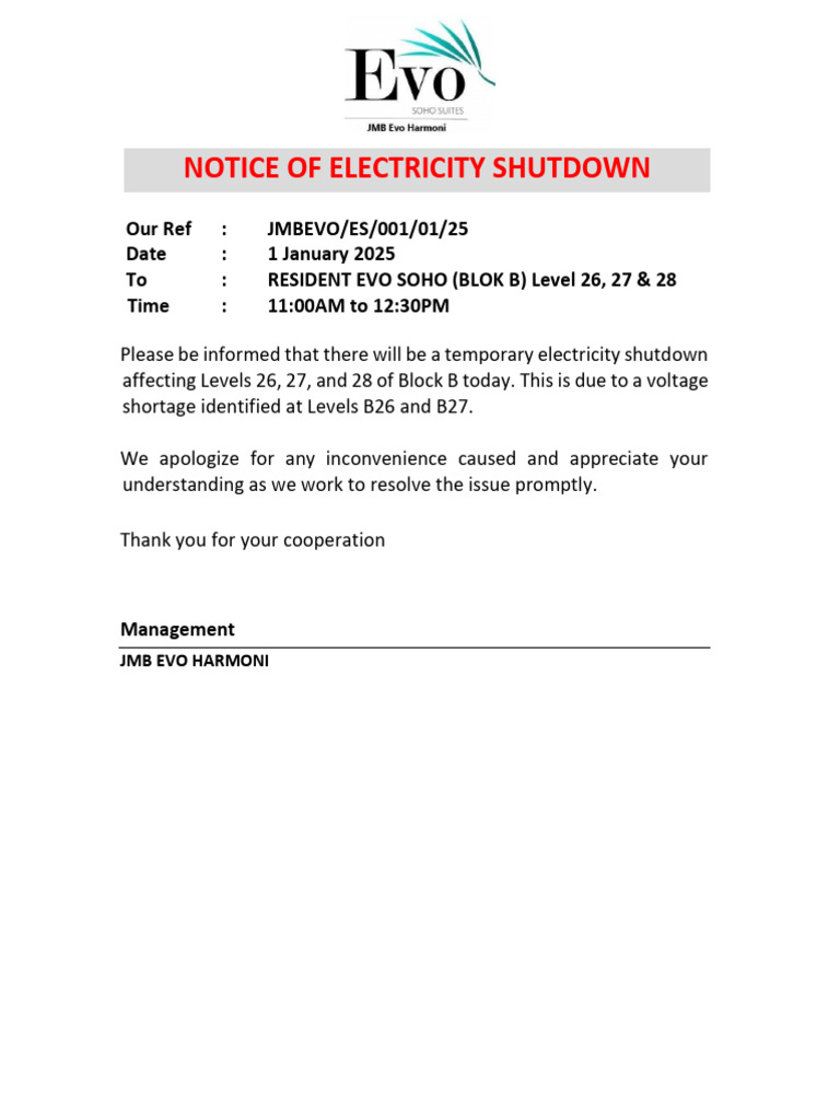 Electricity Shutdown Notice for EVO Soho | PDF