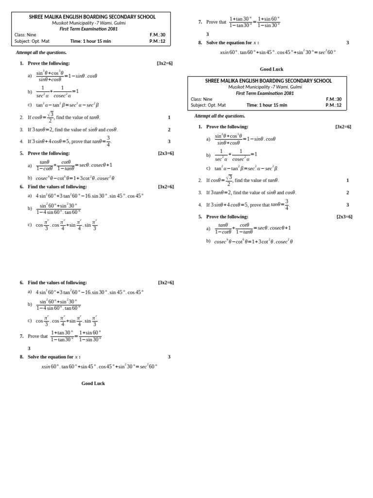 Class 9 Opt Math First Term | PDF | Trigonometric Functions | Special ...