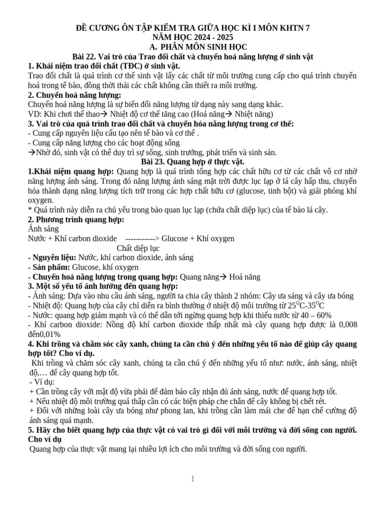 Đề cương KTGKI KHTN7 24 25 1 | PDF