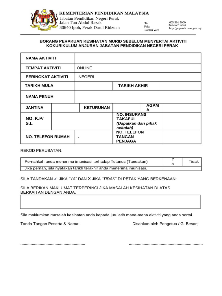 2. BORANG PERAKUAN KESIHATAN JPN PERAK 2023 | PDF