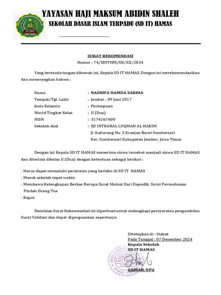 Surat Rekomendasi a.n Nazhifa Hamda Sakhia | PDF