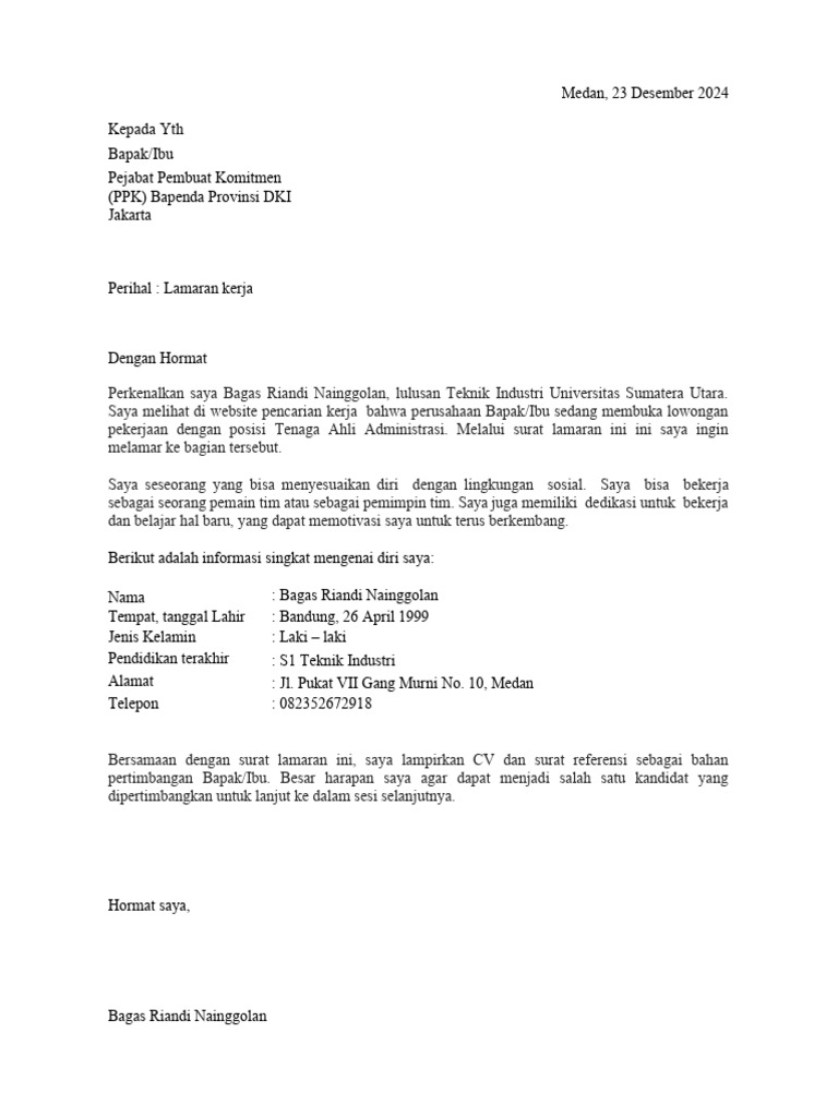 Application Letter Bapenda Jakarta | PDF