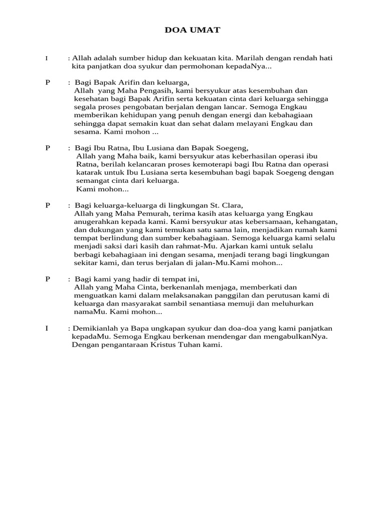 DOA UMAT Dan LAGU MISA SYUKUR | PDF