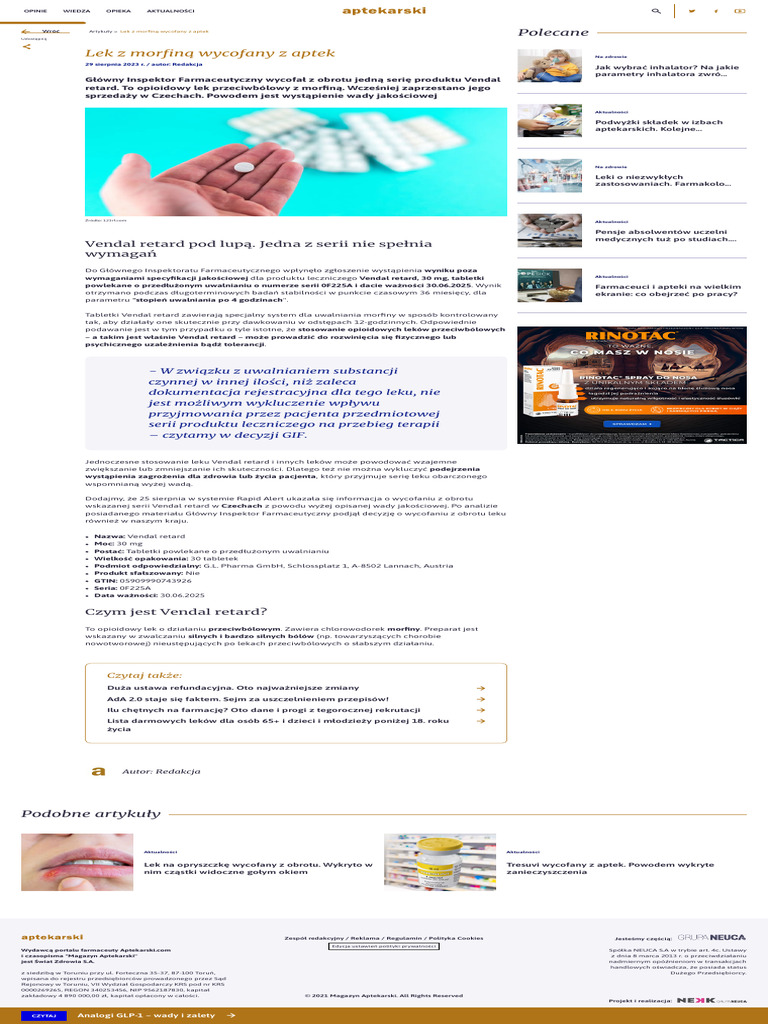 Lek Z Morfiną Wycofany Z Aptek. Chodzi o Vendal Retard | PDF