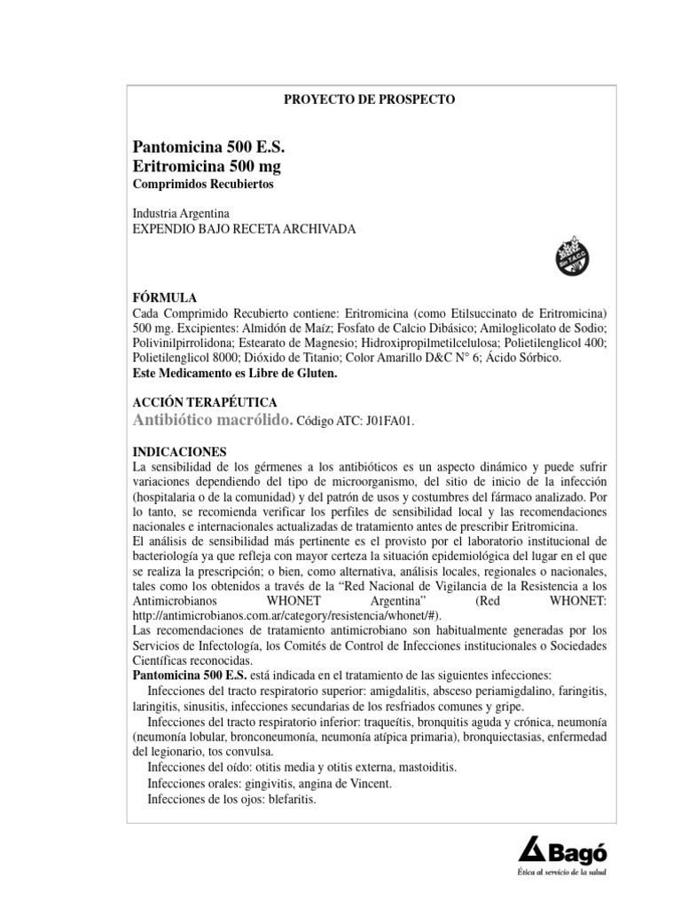 Prospecto Pantomicina 500 E.S. | PDF | Enfermedades y trastornos ...
